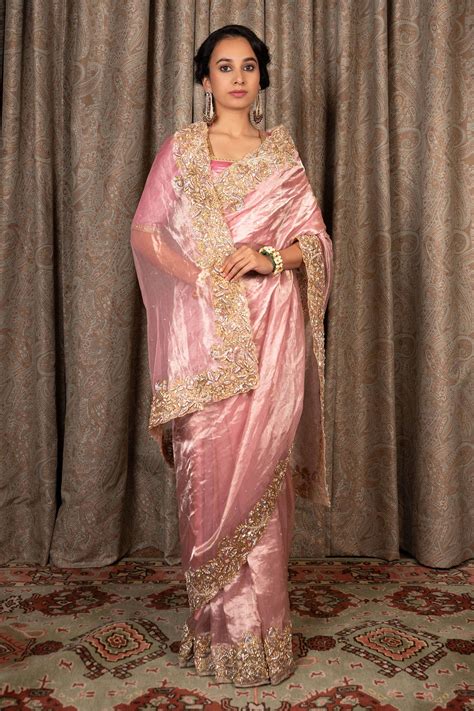 Buy Pink Silk Tissue Hand Embroidered Zardosi Square Saree With Blouse