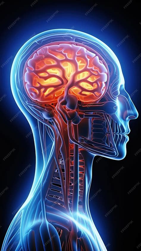 인간의 뇌 신호 딥 러닝 개념 인간의 머리와 뇌 빛나는 링크 매듭을 가진 뇌 뉴런 세포에 의해 생성된 다양한 종류의 파형 프리미엄 사진