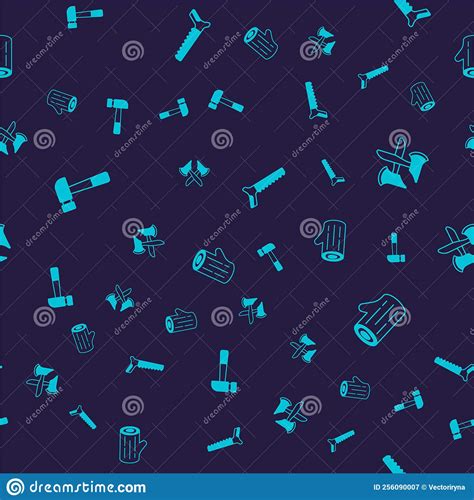 Set Hammer Wooden Axe Hand Saw And Log On Seamless Pattern Vector