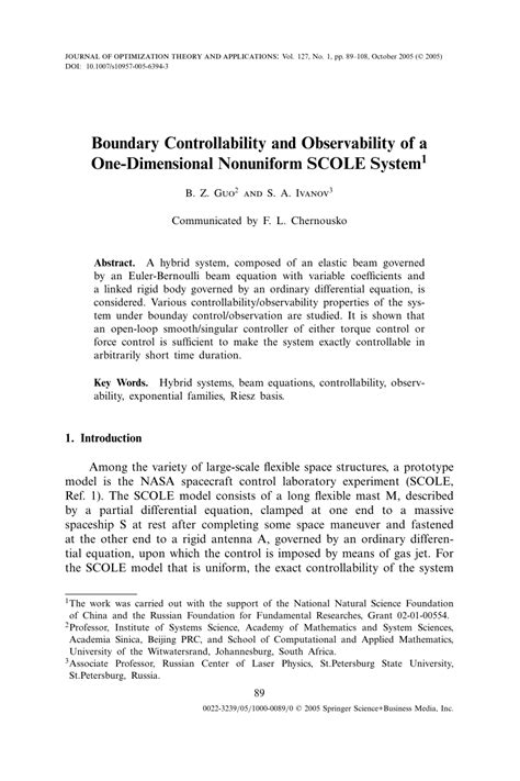 Pdf Boundary Controllability And Observability Of A One Dimensional Nonuniform Scole System