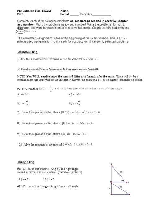 pre calculus final exam name period date due and number work