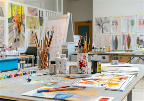 A Table In The School Workshop On Which Brushes Paints Drawing