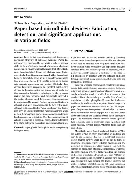 PDF Paper Based Microfluidic Devices Fabrication Detection And Significant Applications In