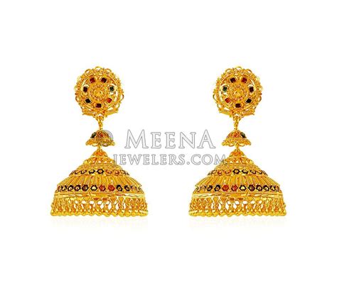 22k Gold Meenakari Indian Jhumki Erex19609 22k Gold Earrings