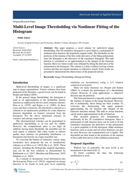 PDF Multi Level Image Thresholding Via Nonlinear Fitting Of The Histogram