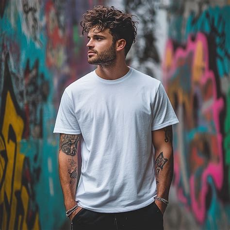 A Man With A Tattoo On His Arm Stands In Front Of A Wall With Graffiti
