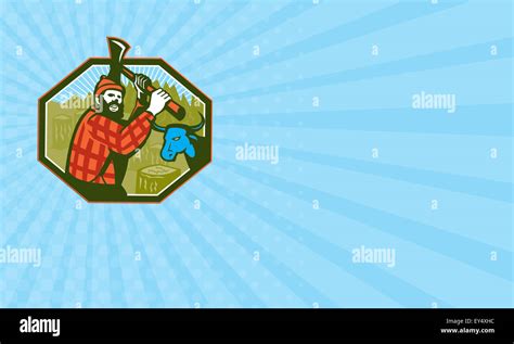 Business Card Showing Illustration Of Paul Bunyan A Lumberjack Sawyer