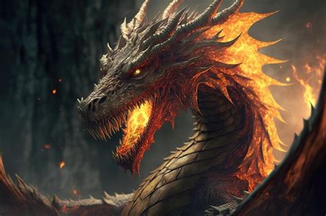 Premium Photo Old Ancient Fire Dragon Glowing Eyes Thick Scales