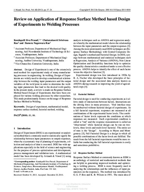 Pdf Review On Application Of Response Surface Method Based Design Of Experiments To Welding