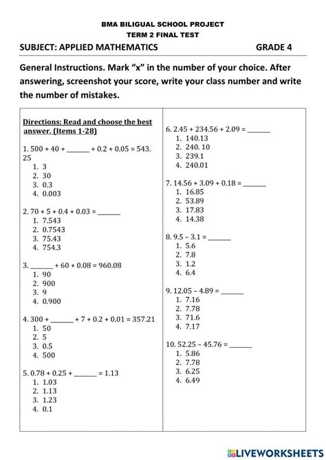 Applied Mathematics Final Test Online Exercise For Live Worksheets