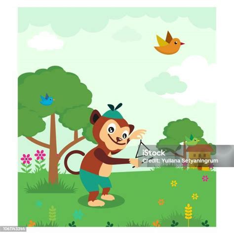 쾌활 한 작은 원숭이 음악가 녹색 초원 만화 캐릭터에에서 삼각형 타악기 연주 경관에 대한 스톡 벡터 아트 및 기타 이미지