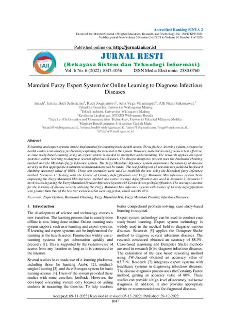 Pdf Mamdani Fuzzy Expert System For Online Learning To Diagnose Infectious Diseases Rudy