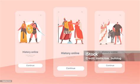 화면 템플릿에 기록 온라인 모바일 앱 페이지 역사적인 의상을 입은 고대 로마 시민 검투사 오레이터 Empire에 대한 스톡 벡터