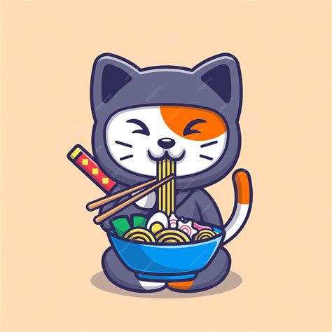 귀여운 고양이 닌자 먹는 라면 국수 만화 벡터 아이콘 그림 동물 음식 아이콘 절연 플랫 무료 벡터