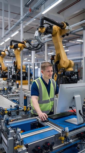 Caucasian Male Assembly Line Operator Controlling Autonomous Conveyor