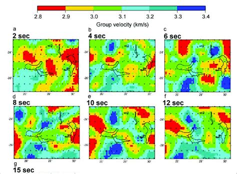 8 A G Rayleigh Wave Group Velocity Maps At Periods Of 2 4 6 8 Download Scientific