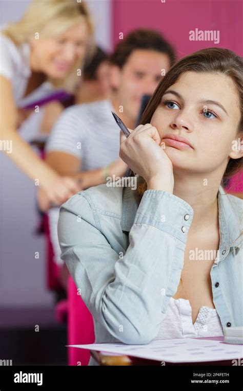 Female Babe Looking Thinking In Classroom Stock Photo Alamy