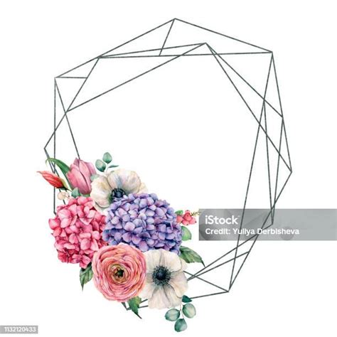 말미 잘 튤립 양화와 수채화 다각형 프레임 손으로 그려진 된 레이블 말미 잘 튤립 나뭇잎과 나뭇가지 흰색 배경에 고립 디자인