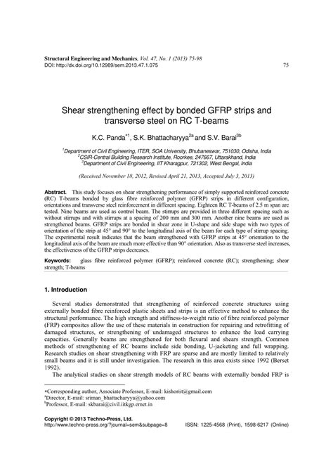 Pdf Shear Strengthening Effect By Bonded Gfrp Strips And Transverse Steel On Rc T Beams