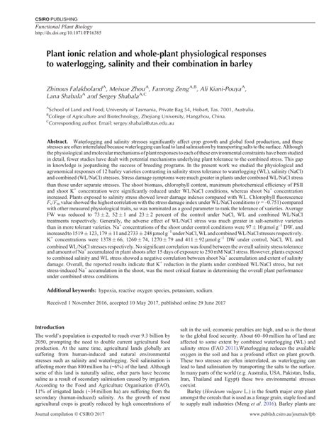 Pdf Plant Ionic Relation And Whole Plant Physiological Responses To