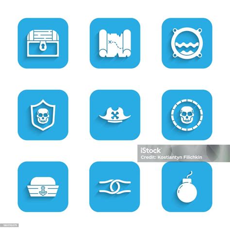 세트 해적 모자 매듭에 묶인 밧줄 폭발 준비 폭탄 동전 선원 해적 두개골이 있는 방패 선박 현창 바다 경치 및 골동품 보물 상자 아이콘 벡터 가공의 인물에 대한 스톡 벡터