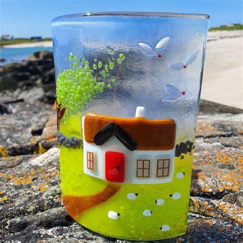 Connemara Cottage Fused Glass Candle Shield Connemara Blue