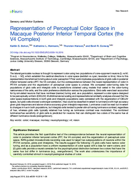 Pdf Representation Of Perceptual Color Space In Macaque Posterior Inferior Temporal Cortex