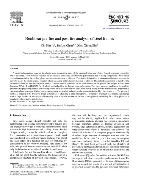 Pdf Nonlinear Pre Fire And Post Fire Analysis Of Steel Frames
