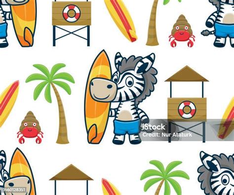 얼룩말 만화의 매끄러운 패턴 벡터는 서핑 보드 인명 구조 기둥 야자수 및 소라게를 들고 있습니다 해변 휴가 요소 게에 대한 스톡 벡터 아트 및 기타 이미지 Istock
