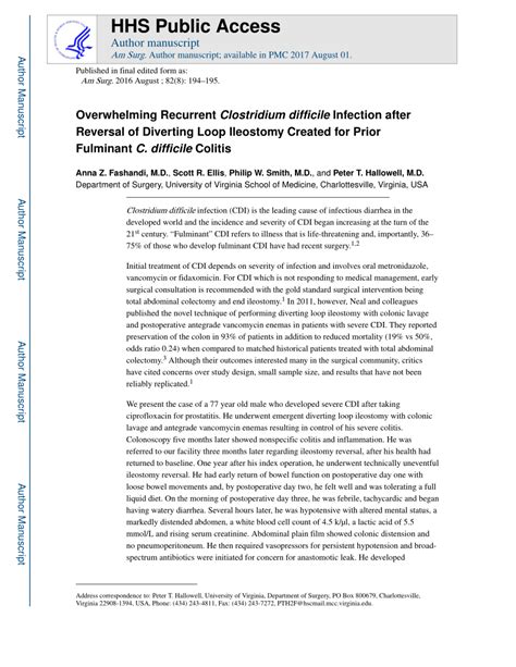 PDF Overwhelming Recurrent Clostridium Difficile Infection After Reversal Of Diverting Loop