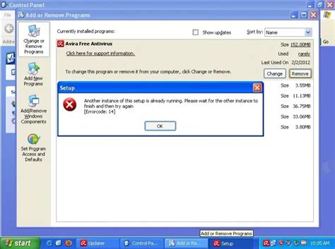 Error Encountered While Removing Avira Antivirus From Control Panel
