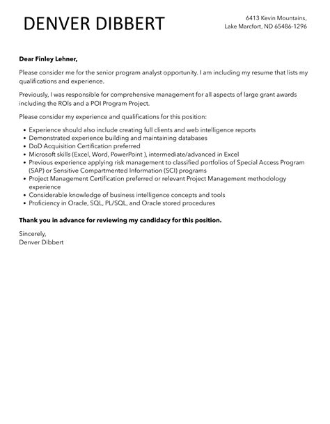 Senior Program Analyst Cover Letter Velvet Jobs
