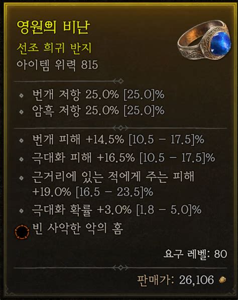 디아블로4 인벤 위력 815 반지 상점에 팔까요 디아블로4 득템자랑 게시판