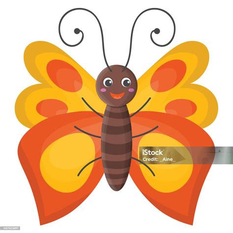 흰색 배경에 격리된 아이의 플랫 스타일의 귀여운 만화 행복한 나비 캐릭터 빨간색과 노란색 날개 쾌활한 여름 곤충 나방에 대한 스톡 벡터 아트 및 기타 이미지 Istock