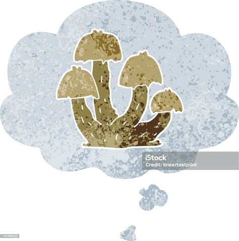 그런 지 고민 복고풍 질감 스타일에 생각 거품이 있는 만화 버섯 그런지 이미지 기법에 대한 스톡 벡터 아트 및 기타 이미지