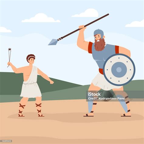 성경 문자 골리앗과 다윗의 싸움 플랫 만화 벡터 일러스트 가공의 인물에 대한 스톡 벡터 아트 및 기타 이미지 가공의 인물