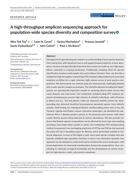 Pdf A High‐throughput Amplicon Sequencing Approach For Population