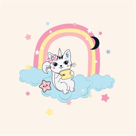 Lindo Gato Unicornio Vector Ilustrador Con Hermosa Nube Y Arco Iris