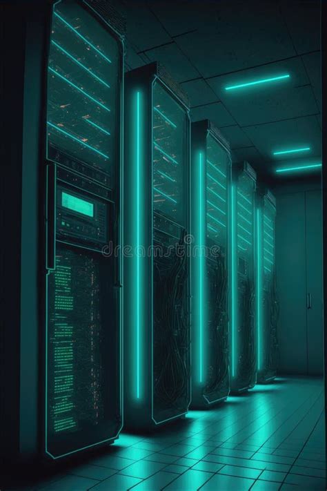 Computer Servers With Green Lights In Server Farm Created Using Generative Ai Technology Stock