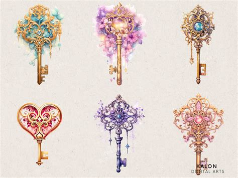 Magical Keys Watercolor Clipart Bundle Magic Key Png Fantasy Key