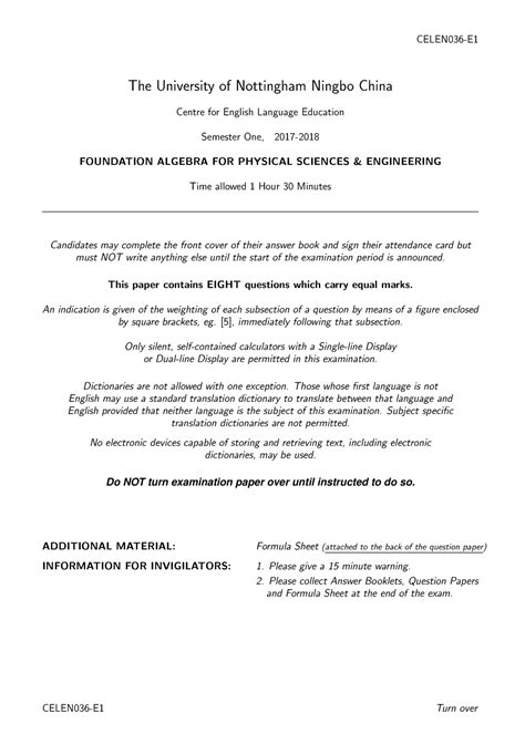Celen E Math Past Paper The University Of Nottingham Ningbo China Centre For English