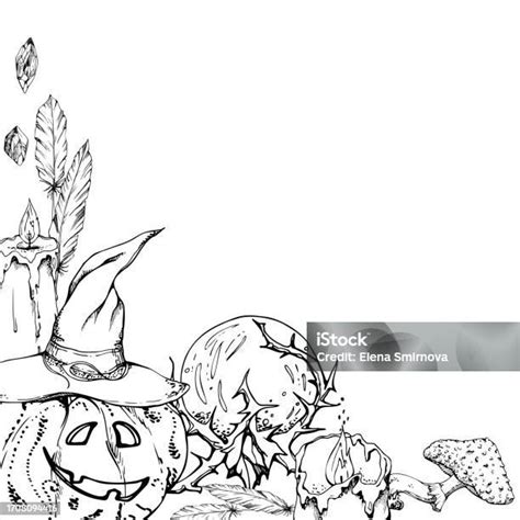 손으로 그린 잉크 벡터 마녀 제단 새겨진 호박 버섯 격리 된 사각형 프레임 스케치 일러스트레이션 아트 할로윈 요술 오컬트 연금술 디자인 상점 로고 인쇄물 웹 사이트 카드