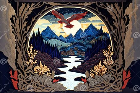 Paper Cut Art Style Image Of Pheonix Rising Stock Illustration