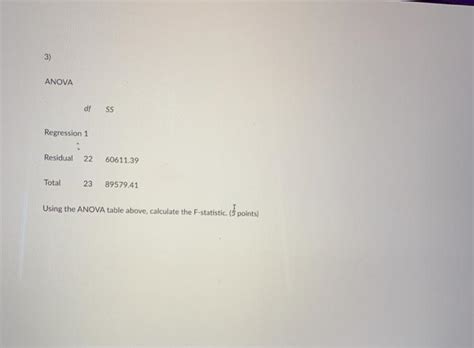 solved 3 anova df ss regression 1 residual 22 60611 39