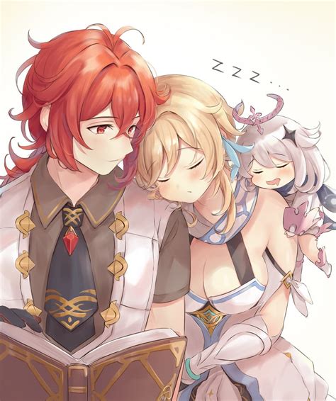 Lumine Paimon And Diluc Genshin Impact Drawn By Mirinpengin Danbooru