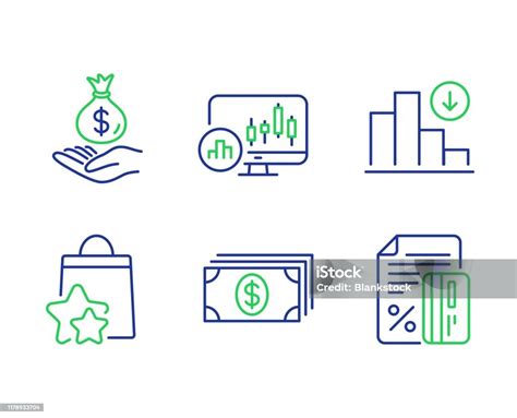 은행 감소 그래프 및 촛대 차트 아이콘 세트 로열티 포인트 소득 금액 및 신용 카드 표지판 벡터 0명에 대한 스톡 벡터 아트 및 기타 이미지 Istock