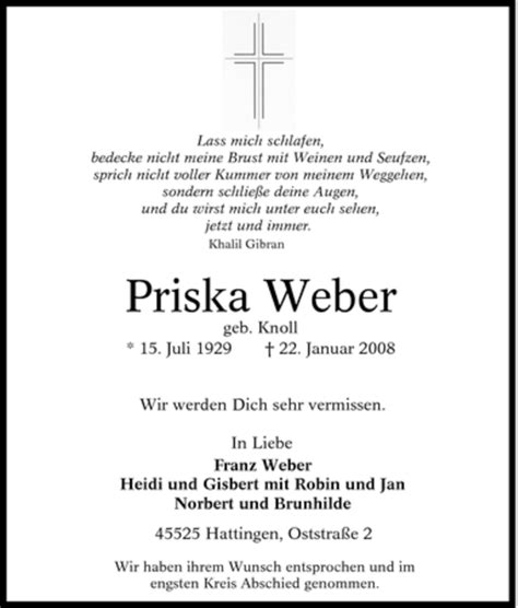 Traueranzeigen Von Priska Weber Trauer In Nrw De