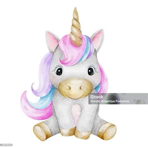 귀여운 동화 유니콘 고립 된 아기 수채화 그림입니다 로고 아동 용품 의류 섬유 엽서 포스터 베이비 샤워 및 어린이 방 디자인 유니콘에 대한 스톡 벡터 아트 및 기타 이미지