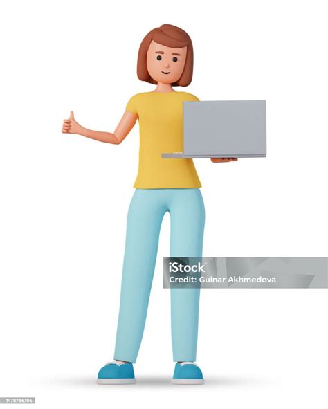 노트북을 들고 흰색 배경에 격리된 3d 그림을 엄지손가락으로 보여주는 여자 프리랜서 또는 온라인 작업 개념으로 노트북을 들고