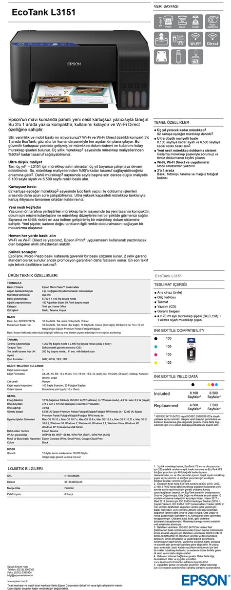 Epson EcoTank L3151 Tanklı Yazıcı + Fotokopi + Tarayıcı + Wi-Fi Direct ...